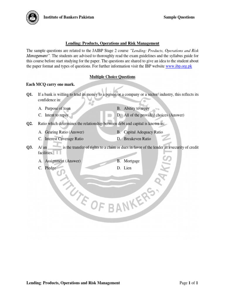Sample Questions for Lending Exam | PDF | Finance & Money Management