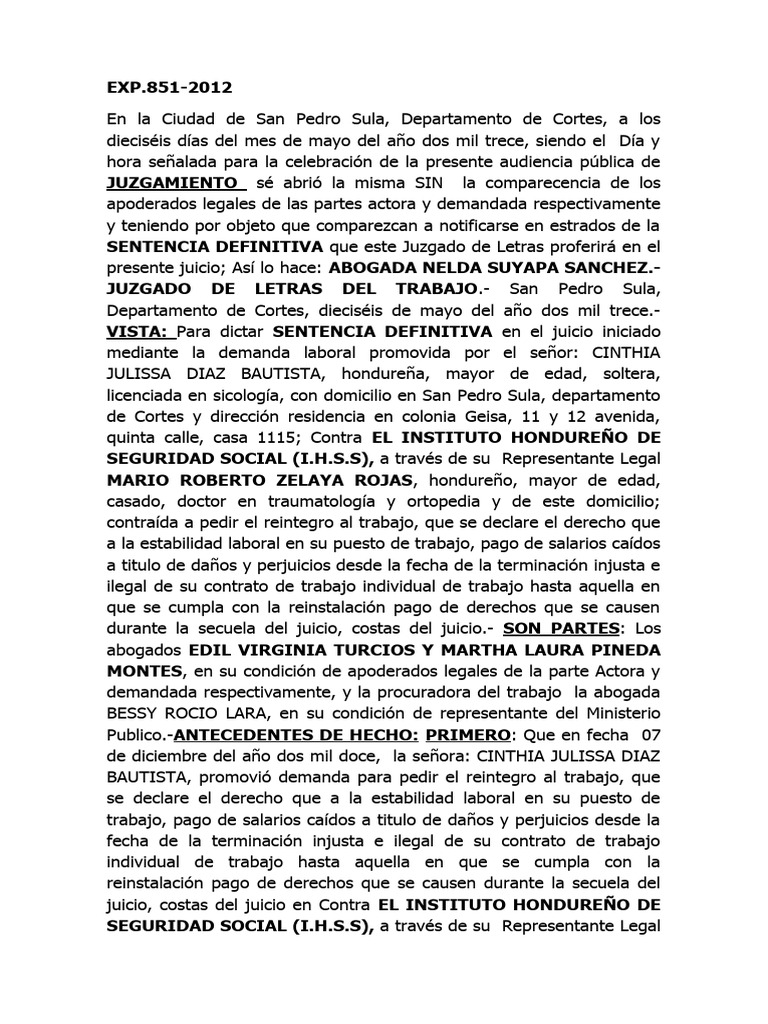 Sent. Def.851-2012 (Ihss VRS Cinthia Julissa Diaz Bautista) Contrato ... Sent. Def.851-2012 (Ihss VRS Cinthia Julissa Diaz Bautista) Contrato ...
