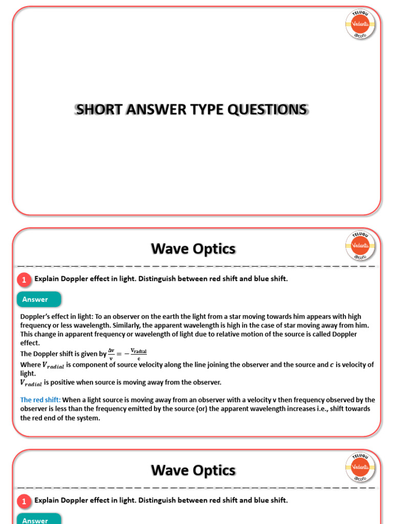 Wave Optics 4M Questions | PDF | Redshift | Doppler Effect