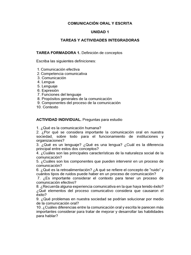 Tareas y Act. Integ.-Unidad 1-Comun. Oral y Escrit. | PDF | Comunicación | Habla