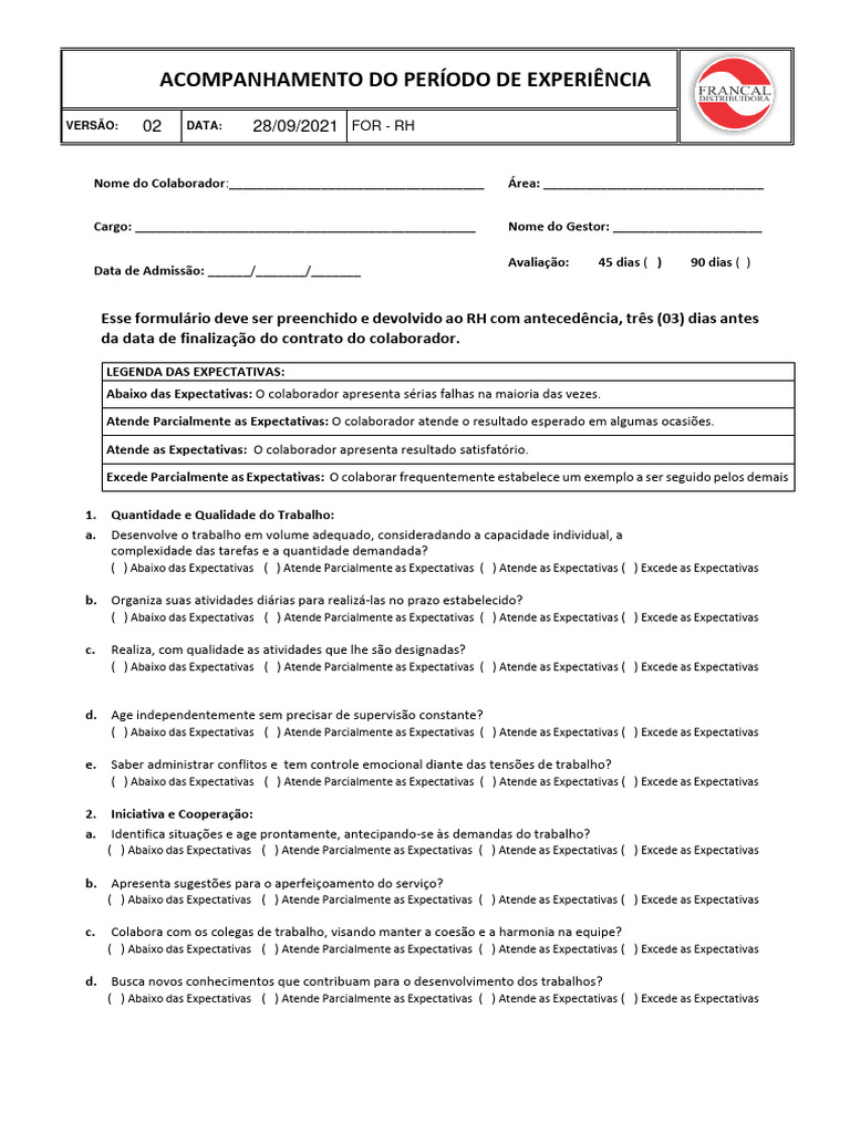 Avaliacao de Experiencia 45-90 Dias Francal | PDF