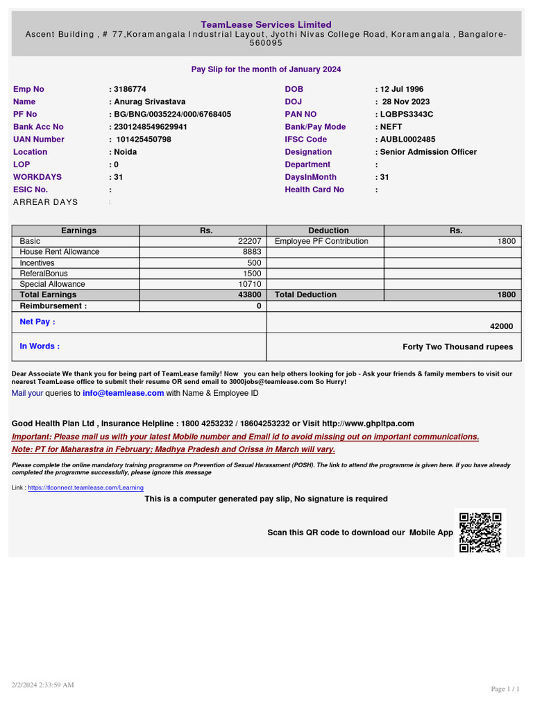 Payslip 2024 JAN | PDF | Service Industries
