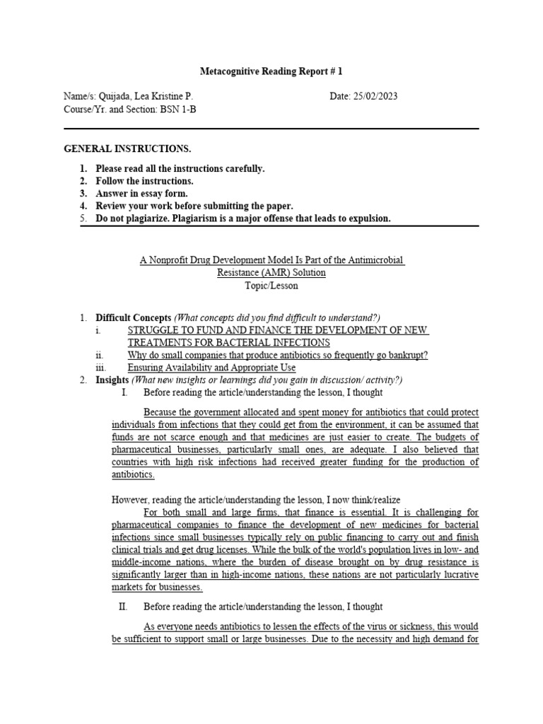Metacognitive Reading Report Revised Pdf Antimicrobial Resistance Medical Treatments