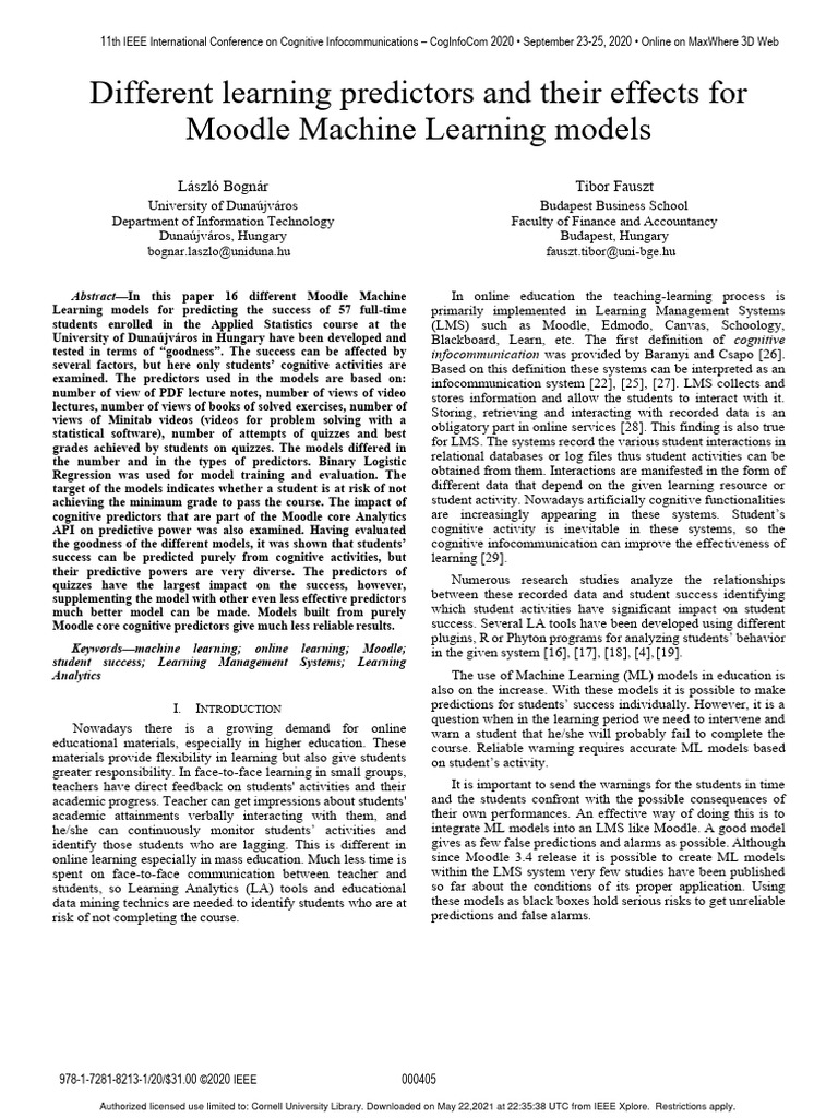 Different Learning Predictors and Their Effects For Moodle Machine Learning | PDF | Machine ...