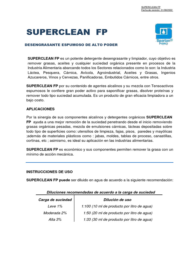 Superclean FP - Ficha Técnica | PDF | Agua | Detergente