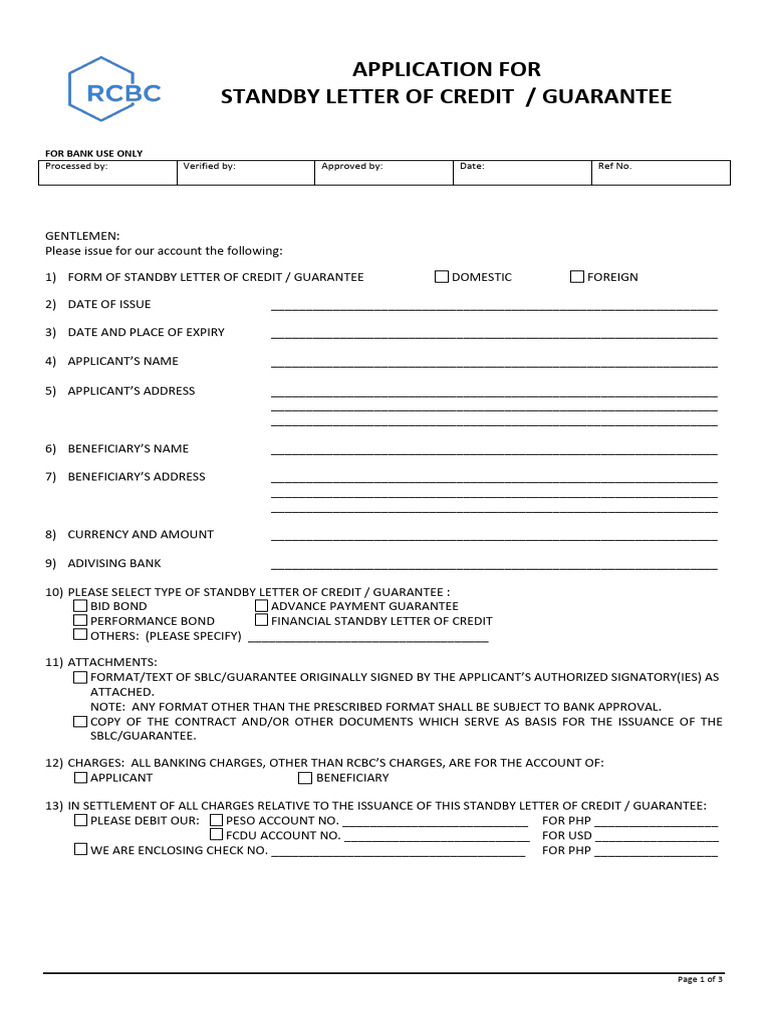 Application For SBLC - Guarantee | PDF | Surety | Letter Of Credit