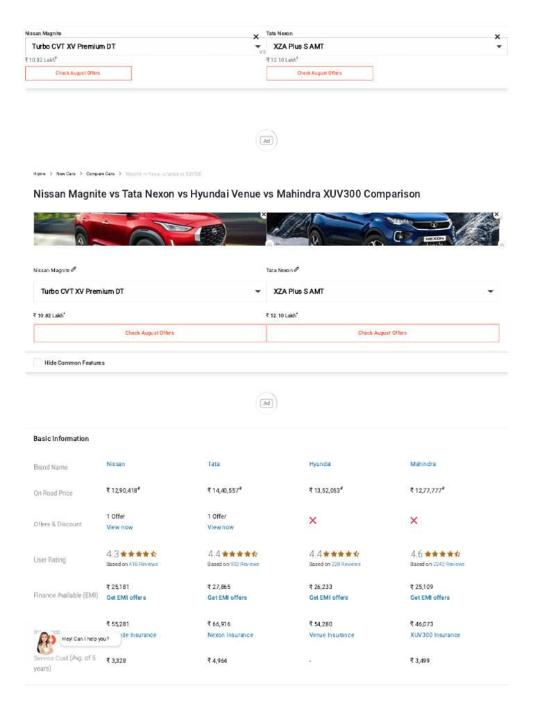 Hyundai Venue Vs Nissan Magnite Vs Mahi.. | PDF