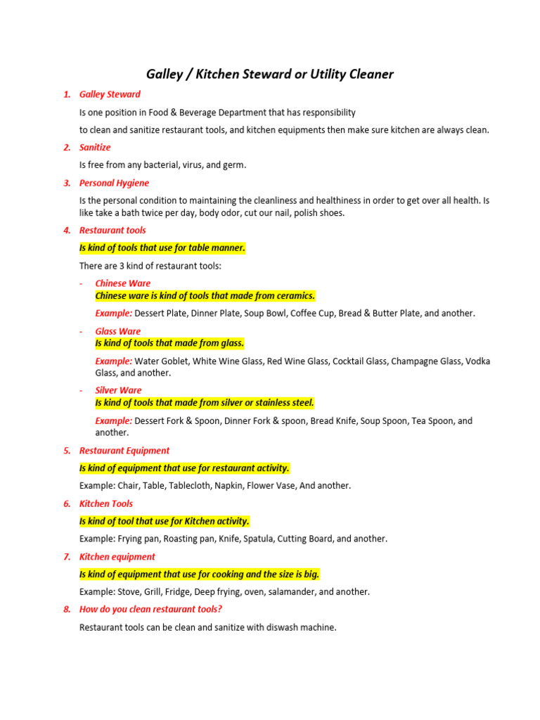 GALLEY, KITCHEN STEWARD or UTILITY CLEANER | PDF | Kitchen | Hygiene