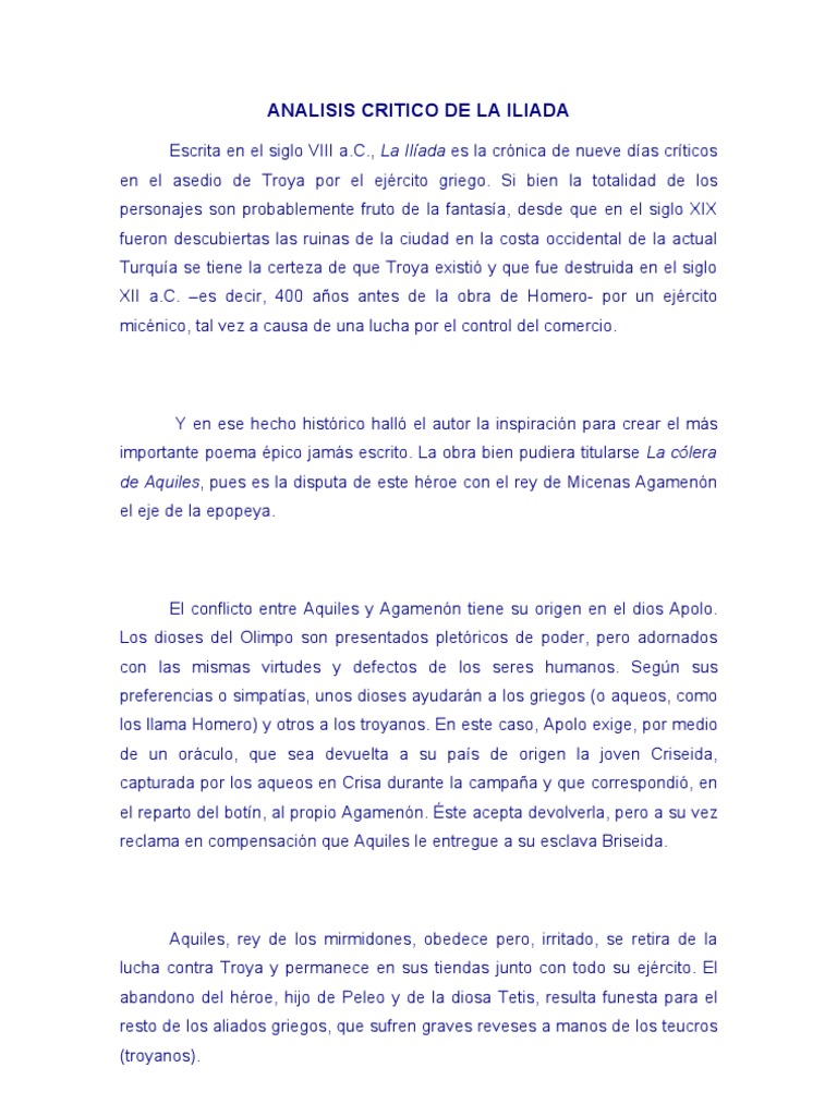 Análisis crítico de La Ilíada | PDF | Ilíada | Aquiles