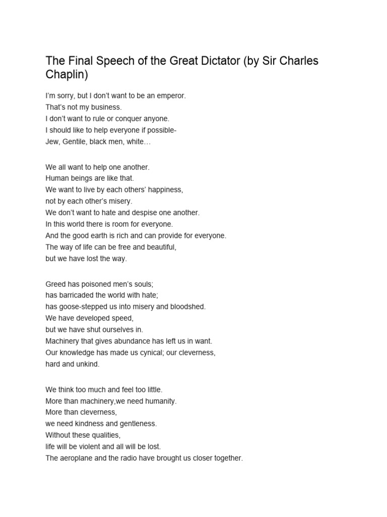 Chaplin's Great Dictator Speech | PDF | Social Science | Law