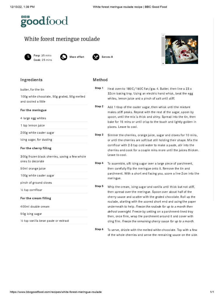 White Forest Meringue Roulade Recipe | PDF | Meringue | Baking