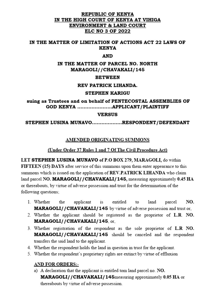 Originating Summons P.A.G Wlodeya | PDF | Adverse Possession | Summons