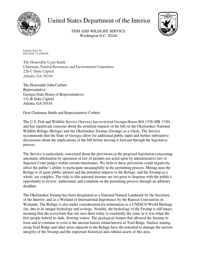 HB1338 Letter USFWS-Signed | PDF | Swamp | United States Fish And ...