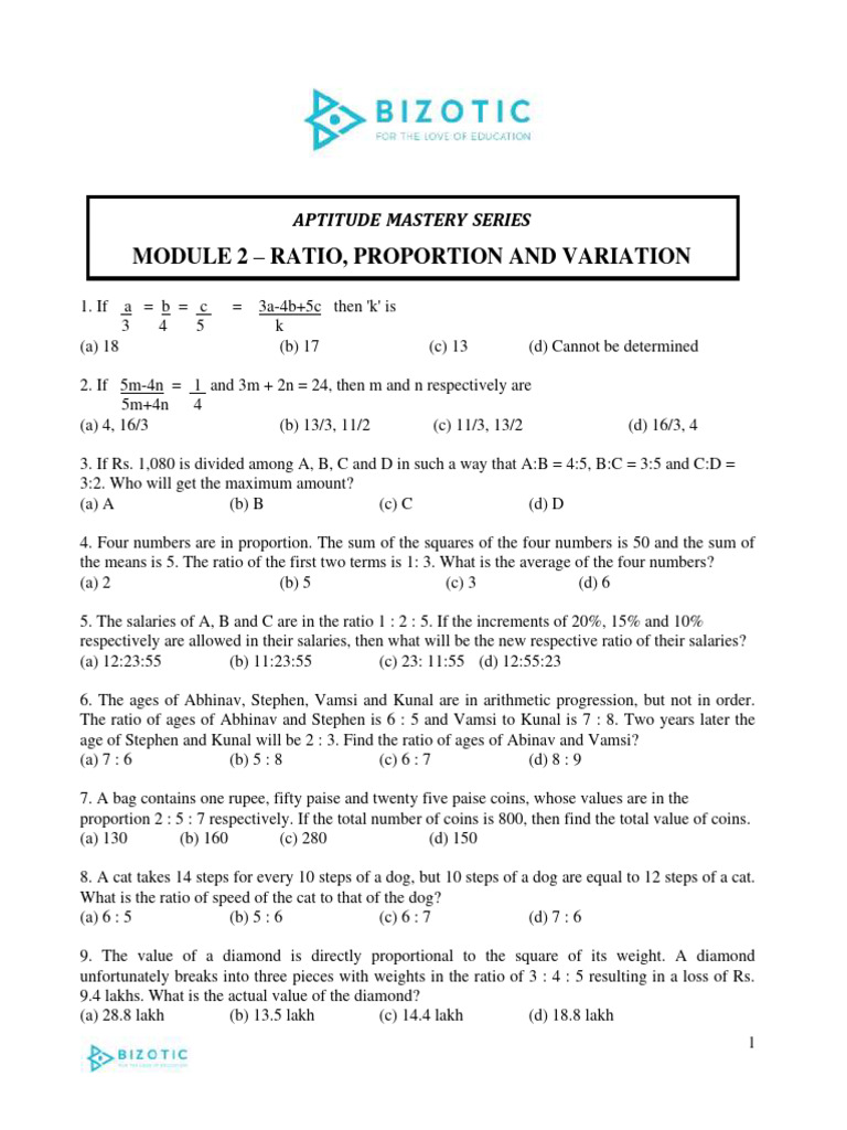 Module 9 - Ratio Proportion and Variation Student Handout | PDF | Ratio