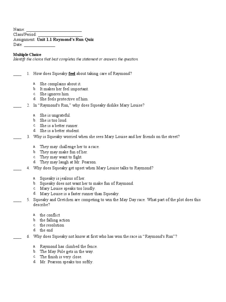 Raymond's Run Quiz | PDF | Essays