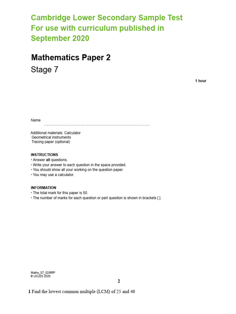 Stage 7 Sample Paper 2 | PDF | Mathematics