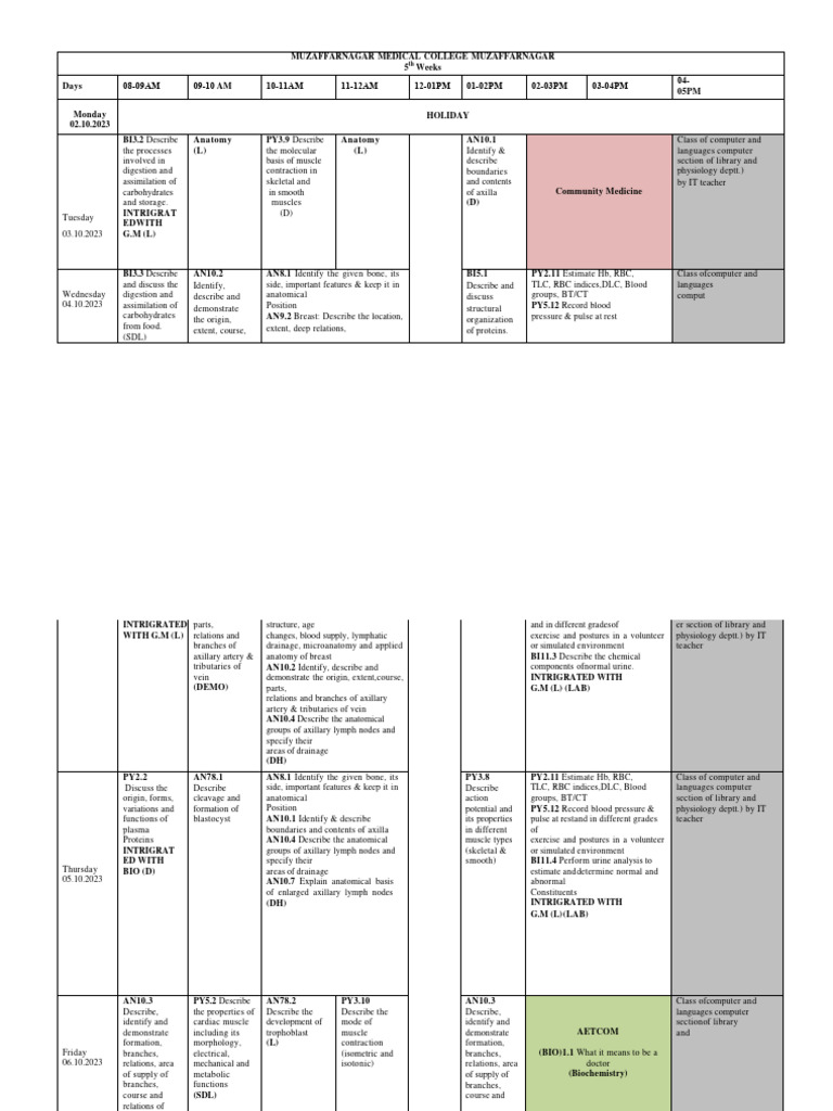 October Time Table | PDF | Heart | Hand