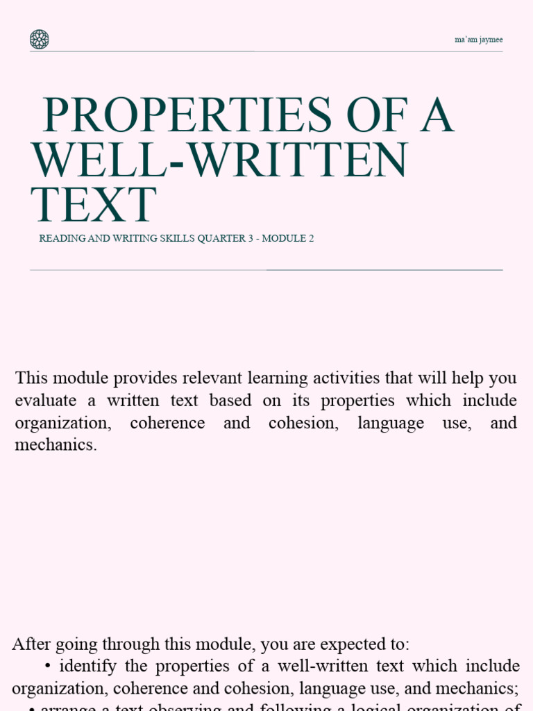 Properties of A Well-Written Text | PDF | Idea | English Language