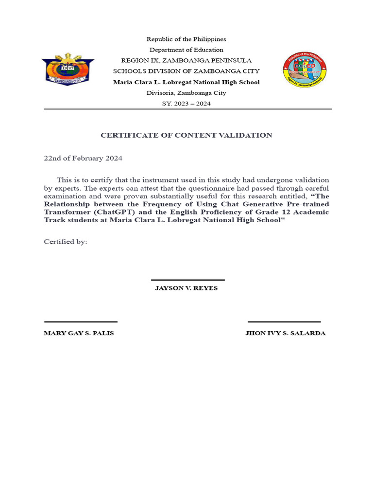 Certificate of Validation | PDF | English Language | Human Communication