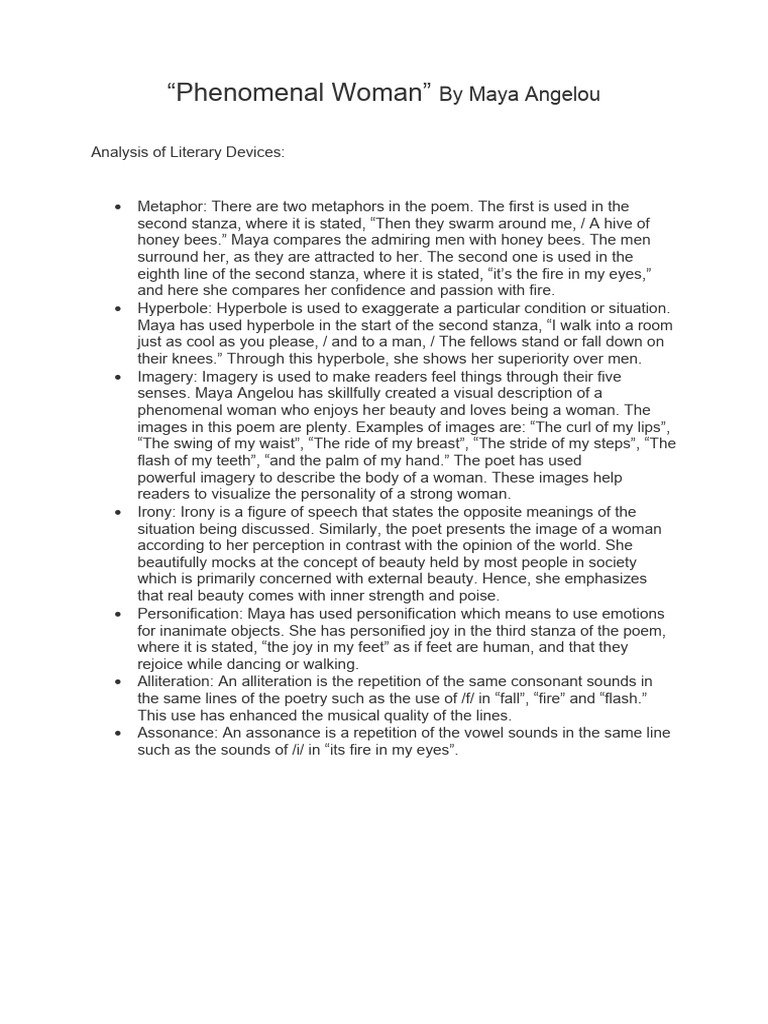 Phenomenal Woman by Maya Angelou Stylistic Devices | PDF | Poetry