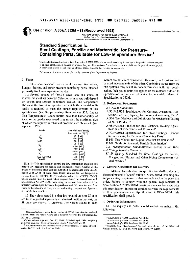 ASTM A 352 Steel Castings For Valves and Fitting | PDF