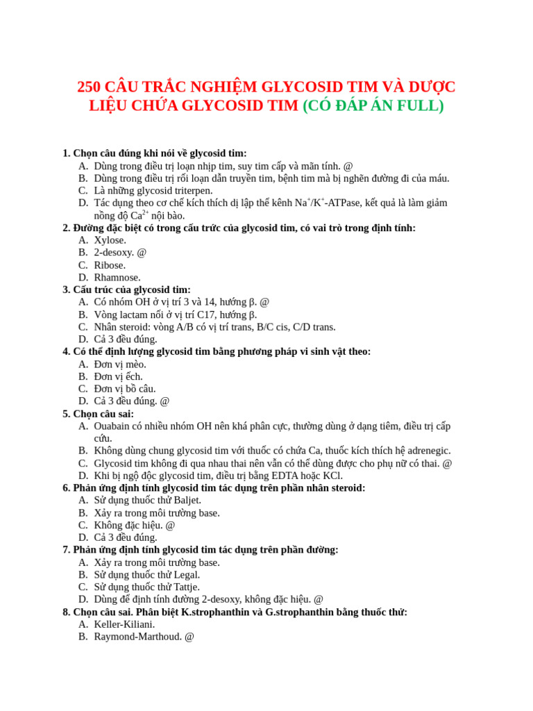 (123doc) - 250-Cau-Trac-Nghiem-Glycosid-Tim-Va-Duoc-Lieu-Chua-Glycosid-Tim-Co-Dap-An-Full | PDF