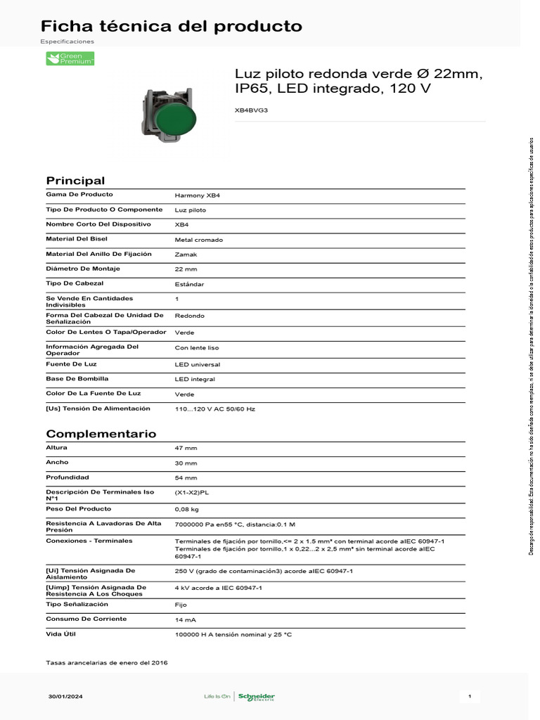 Schneider Electric - Harmony-XB4 - XB4BVG3 | PDF | Diodo emisor de luz ...