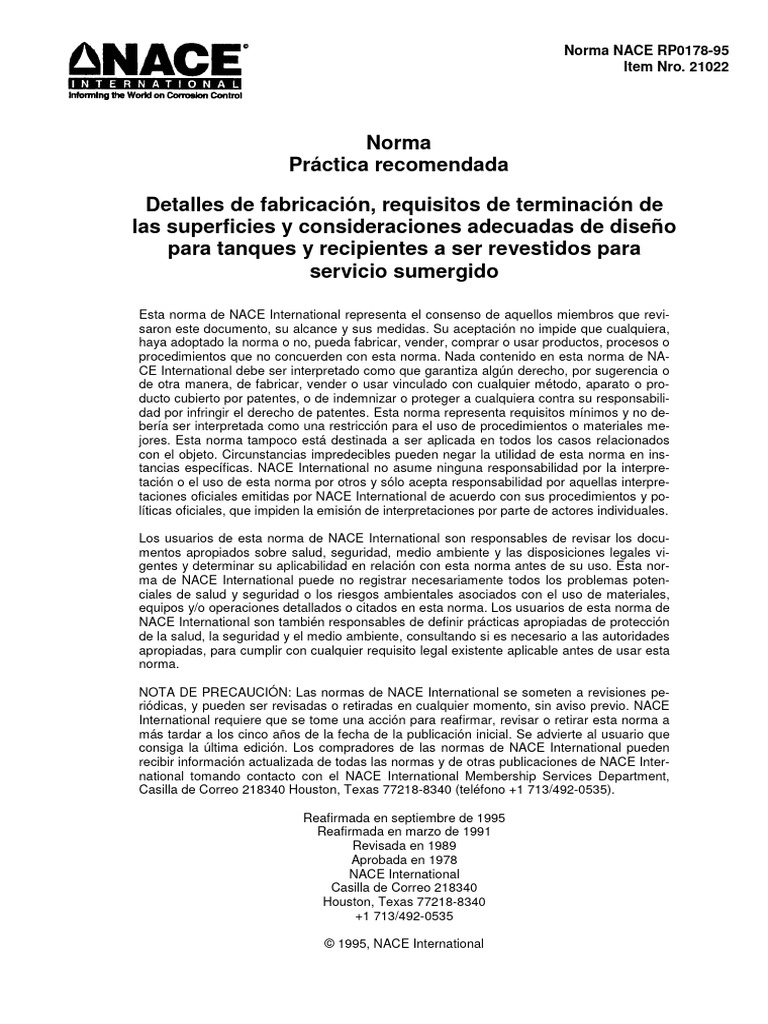 NACE RP 0178 - Diseño y Fabricación de Tanques Revestidos 95 | PDF