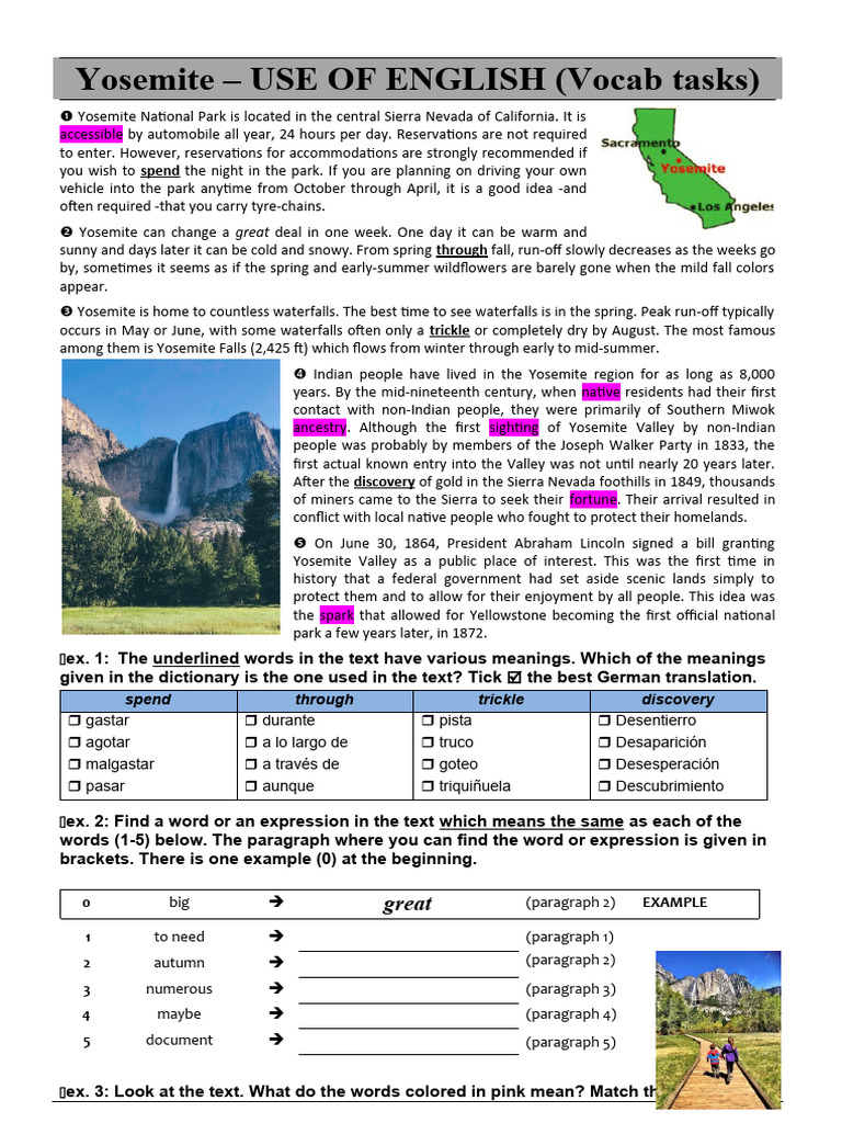 Yosemite Vocabulary Tasks Guide | PDF | Yosemite National Park | Wilderness