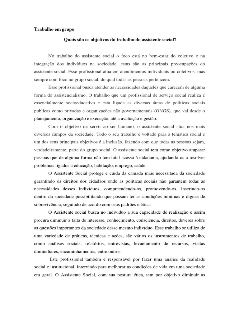Trabalho Quais São Os Objetivos Do Trabalho Do Assistente Social | Download grátis PDF ...