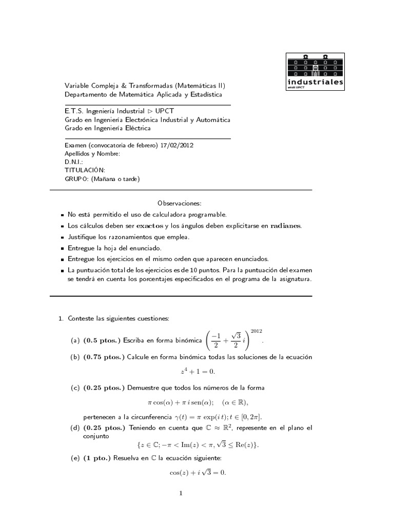 Examen Variable Compleja y Transformadas | PDF | Pi | Objetos matemáticos
