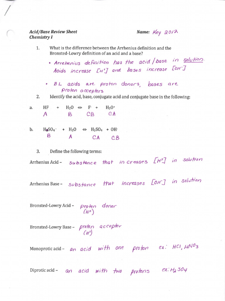 Acid Base Review Sheet Key | PDF