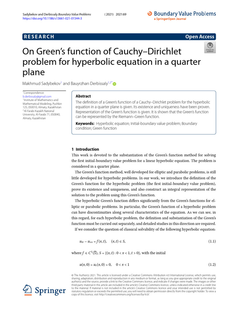 On Green's Function of Cauchy-Dirichlet Problem For Hyperbolic Equation in A Quarter Plane | PDF ...