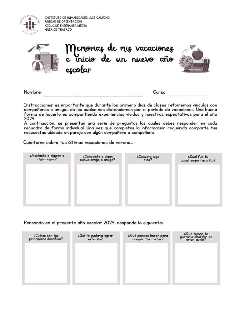I° Guía de Trabajo - Memoria de Mis Vacaciones y Retorno Escolar 2024 ...