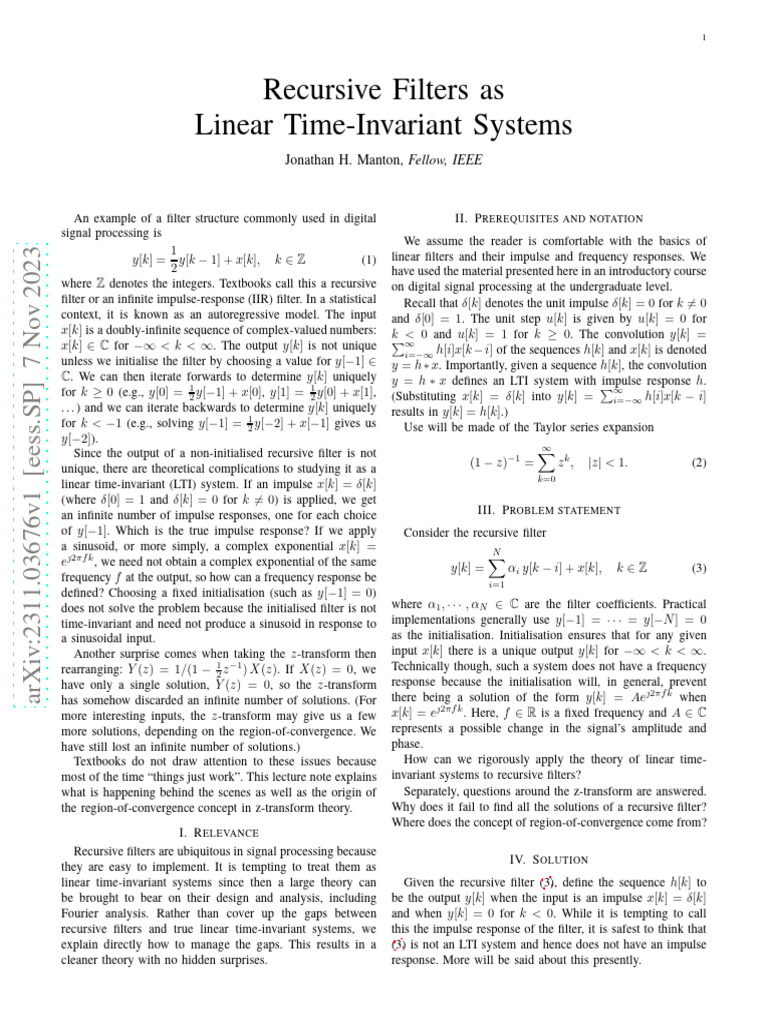 Recursive Filters As Linear Time-Invariant Systems: Jonathan H. Manton, Fellow, IEEE | PDF ...