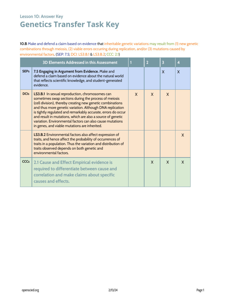 B.3 Lesson 10 Answer Key Genetics Transfer Task | PDF | Genetics | Mutation