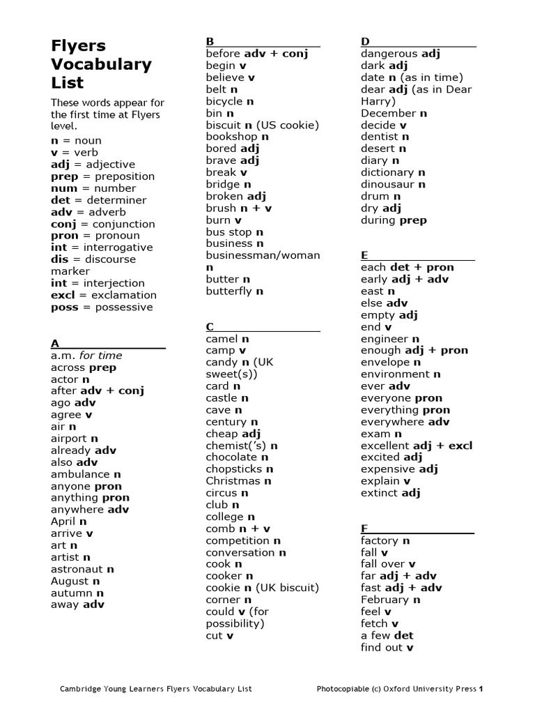 Flyers Vocabulary List (T V NG Thi Flyers) | PDF | Semantic Units ...