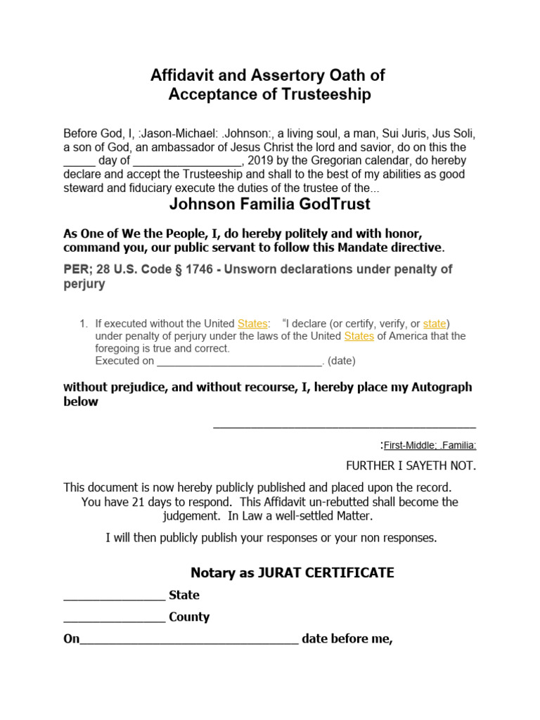 Oath of Acceptance Trustee | PDF | Affidavit | Notary Public