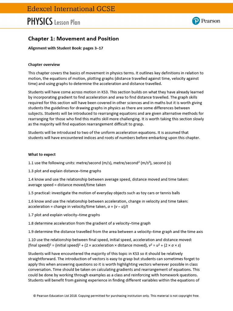 Igcse Physics Lesson Plan 1 Movement And Position Pdf Speed