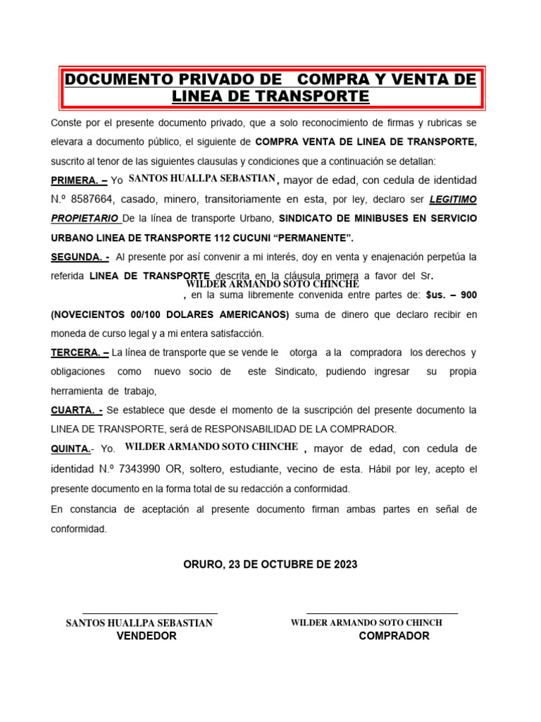 Documento Privado de Compra y Venta de Linea de Transporte | PDF | Moneda | Business