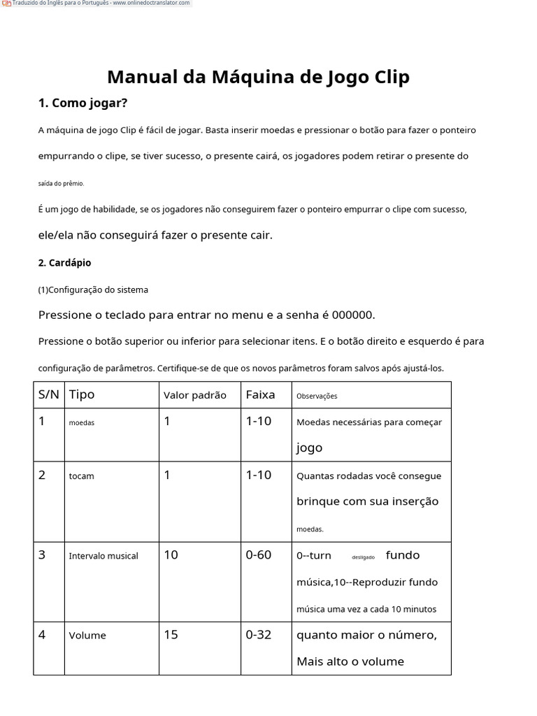Manual da Máquina Clip Game | PDF | Máquinas