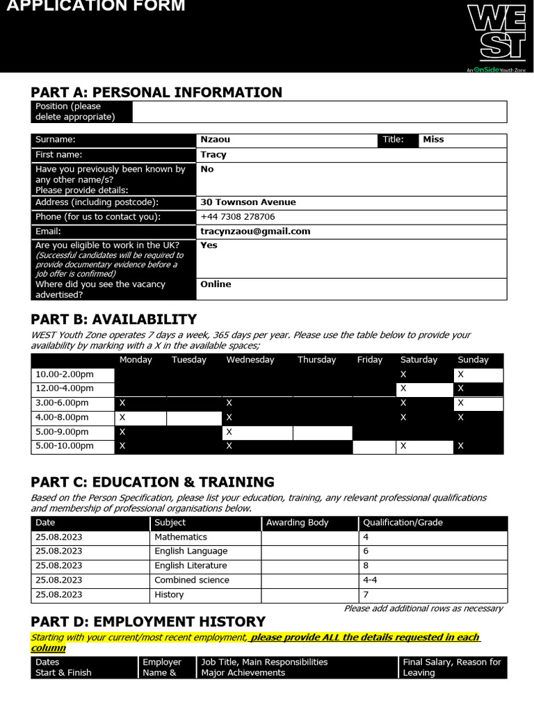 WEST Youth Zone Aapplication Form Sessional Staff | PDF | Career & Growth