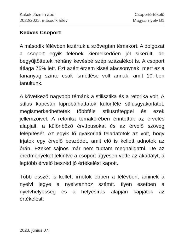 Kedves Csoport!: Kakuk Jázmin Zoé Csoportértékelő 2022/2023. Második ...