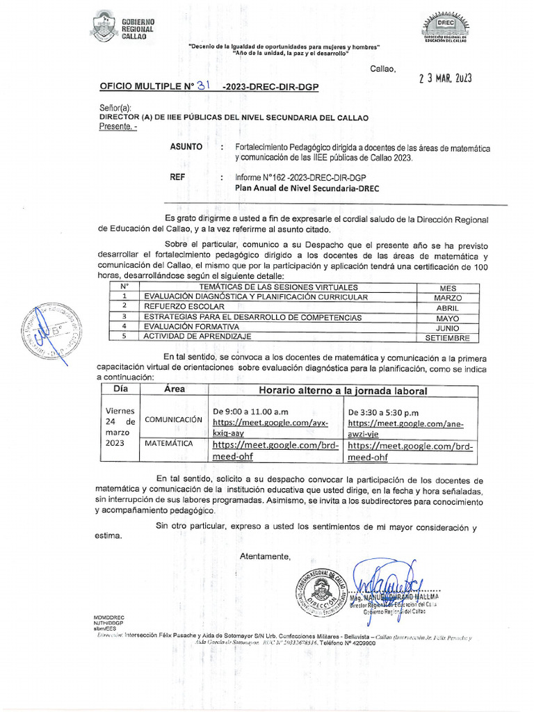 Oficio Multiple 031-2023-Drec-Dir-Dgp PDF | PDF