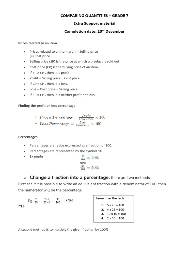 Support Material - Grade 7 Comparing Quantities | PDF | Interest ...