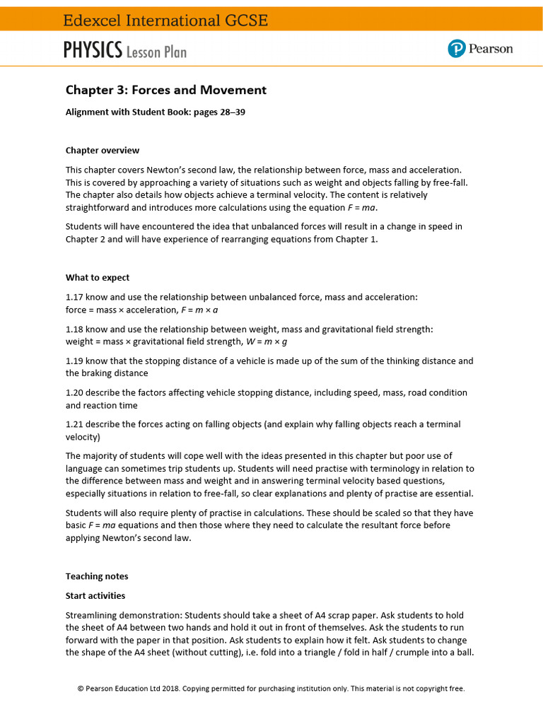 IGCSE - Physics - Lesson Plan 3 - Forces and Movement | Download Free ...