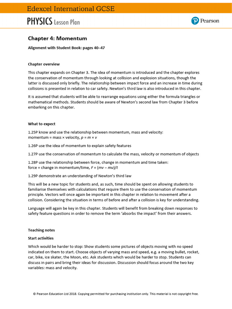 IGCSE - Physics - Lesson Plan 4 - Momentum | PDF | Momentum | Newton's ...
