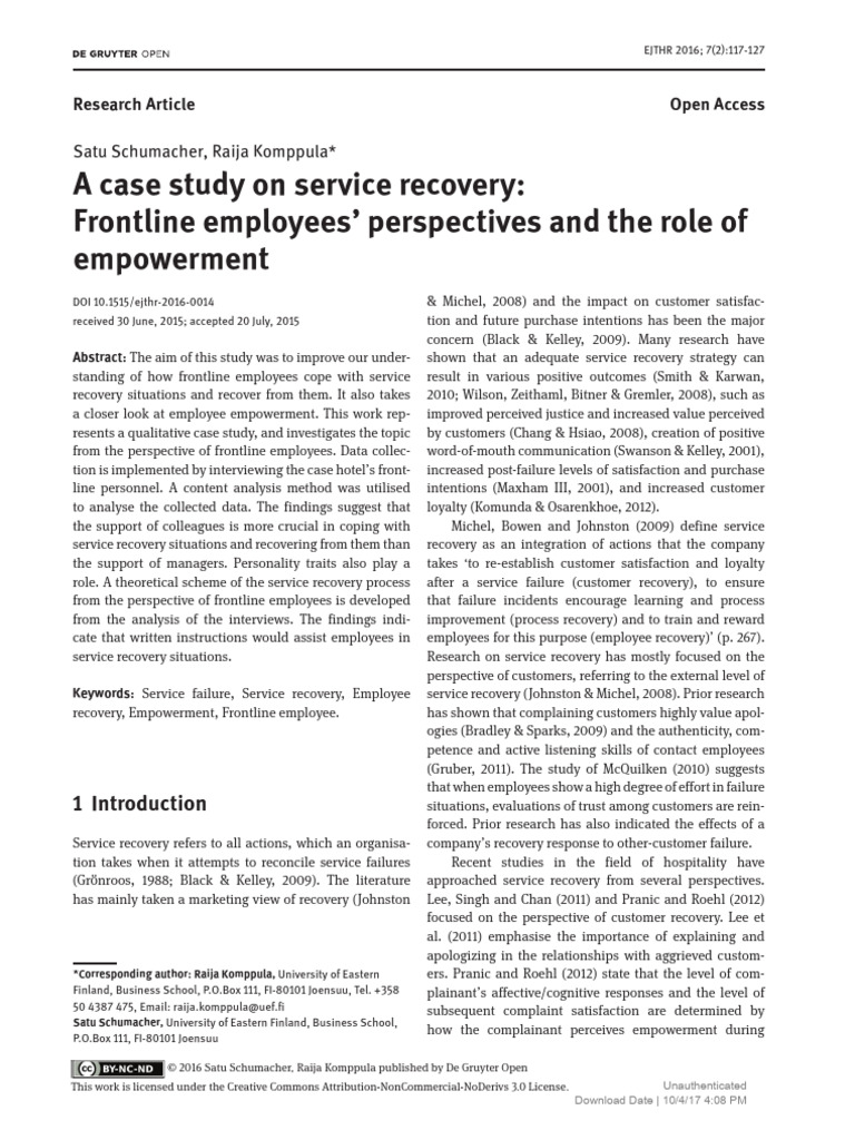 A Case Study On Service Recovery Frontline Employees' Perspectives and ...