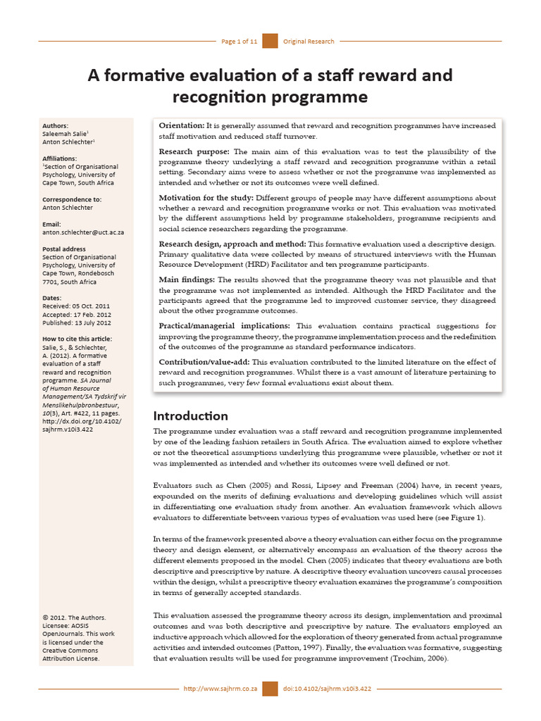 A Formative Evaluation of A Staff Reward and Recognition Programme | PDF | Motivational | Motivation