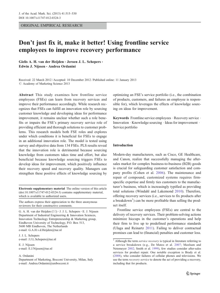 Don't Just Fix It, Make It Better! Using Frontline Service Employees To ...